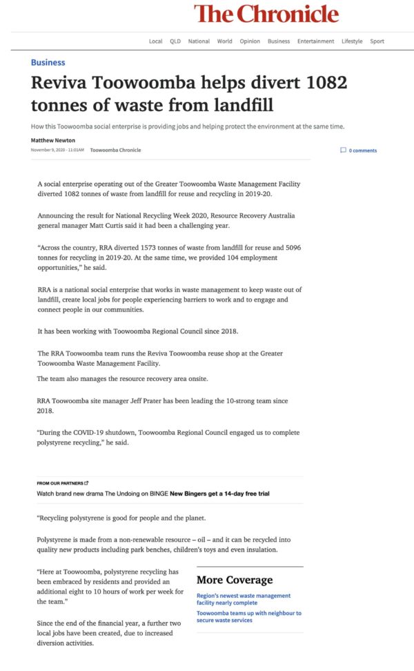 Reviva Toowoomba helps divert 1082 tonnes of waste from landfill ...